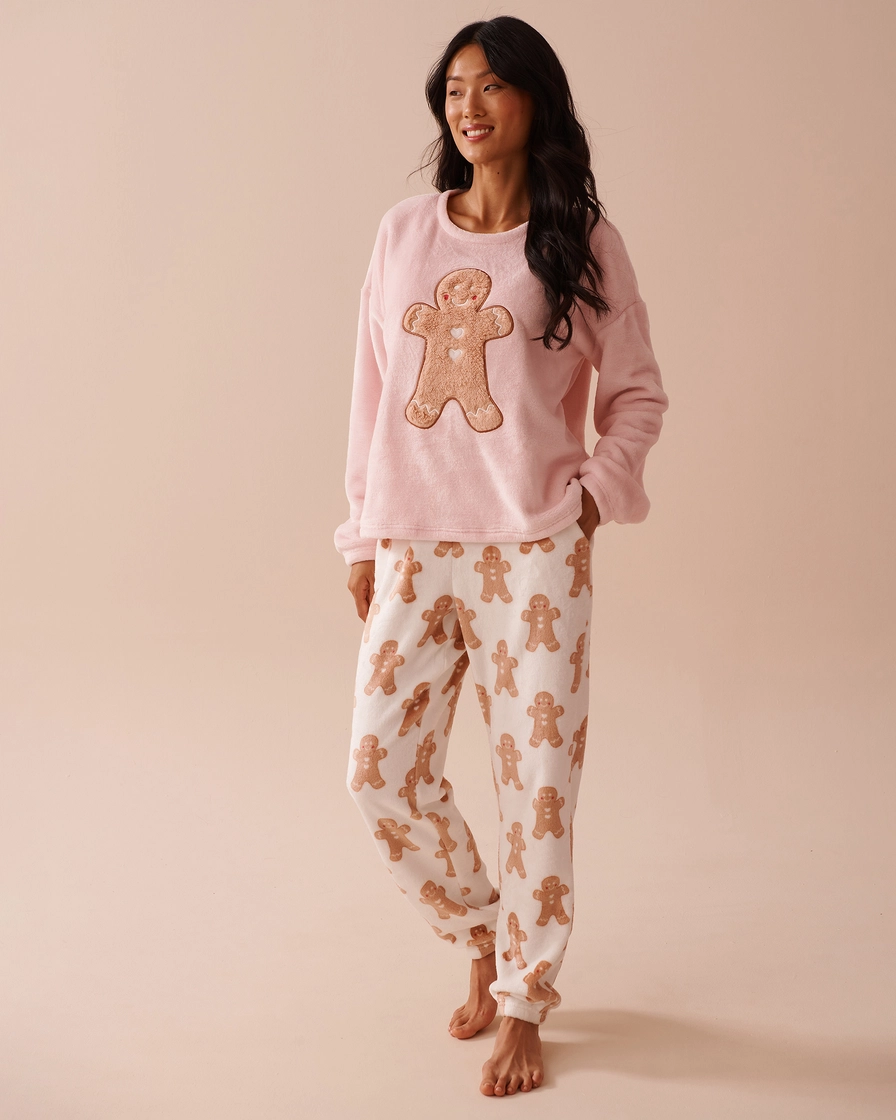 Gingerbread Print Soft Plush PJ Set - Gingerbread/Pink & White | la Vie ...