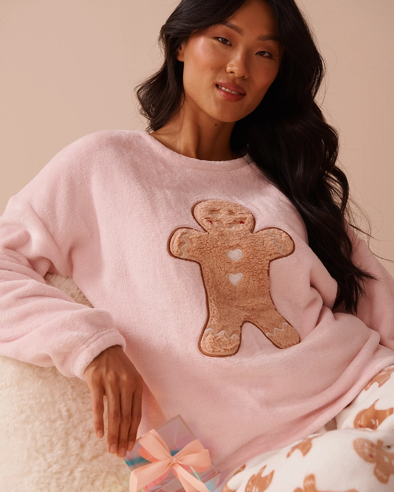 Gingerbread Print Soft Plush PJ Set - Gingerbread/Pink & White | la Vie ...