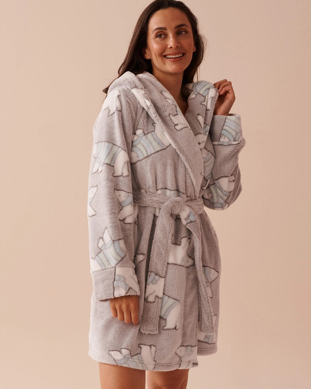 Polar Bear Print Soft Plush Hooded Robe - Polar Bear/Grey | la Vie en Rose