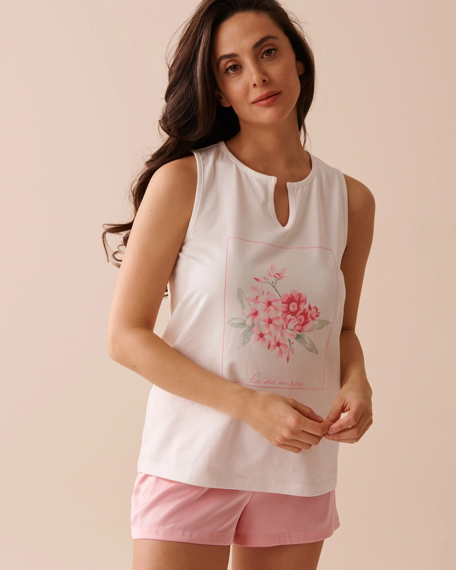 Pink Floral Cotton Keyhole Cami - White | la Vie en Rose